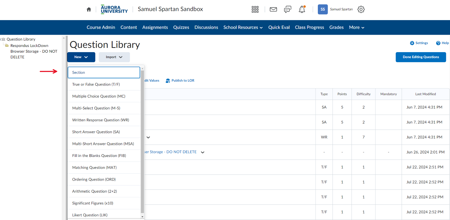 Manual Creation of Question Library – Aurora University